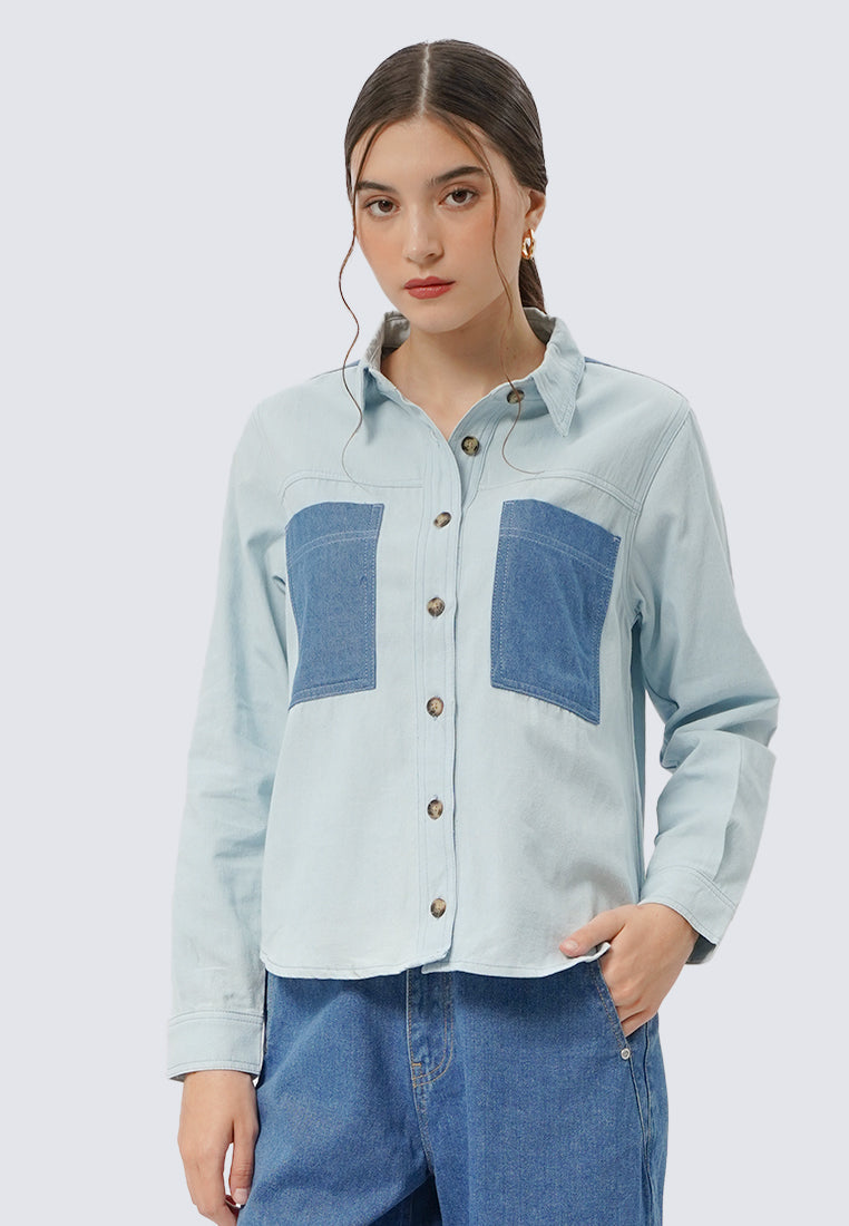 Colorblock Long Sleeve Denim Shirt – et cetera